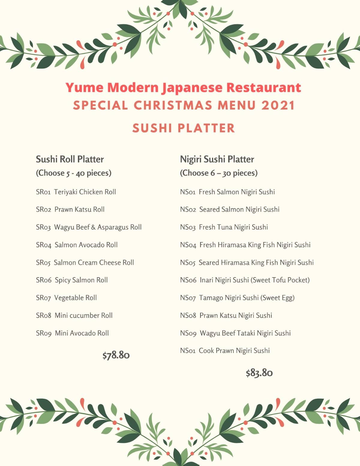 Menu at Yume Modern Japanese Restaurant, Erina