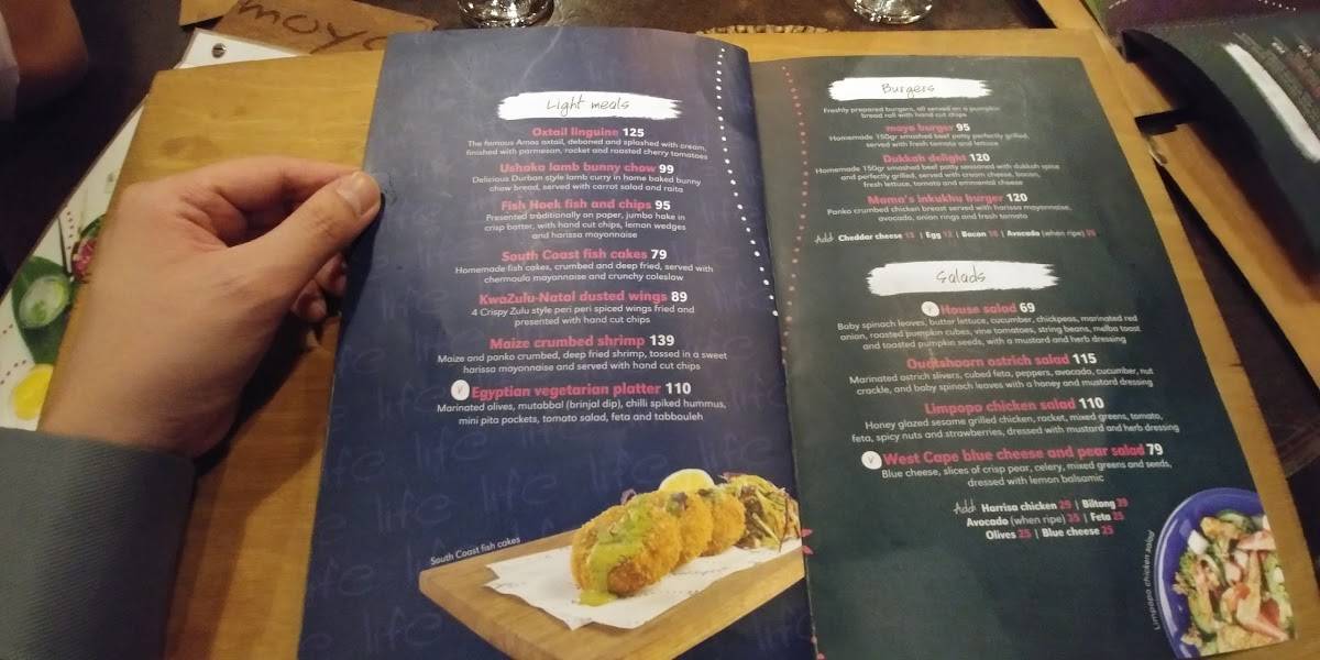 Menu at moyo Zoo Lake restaurant, Randburg