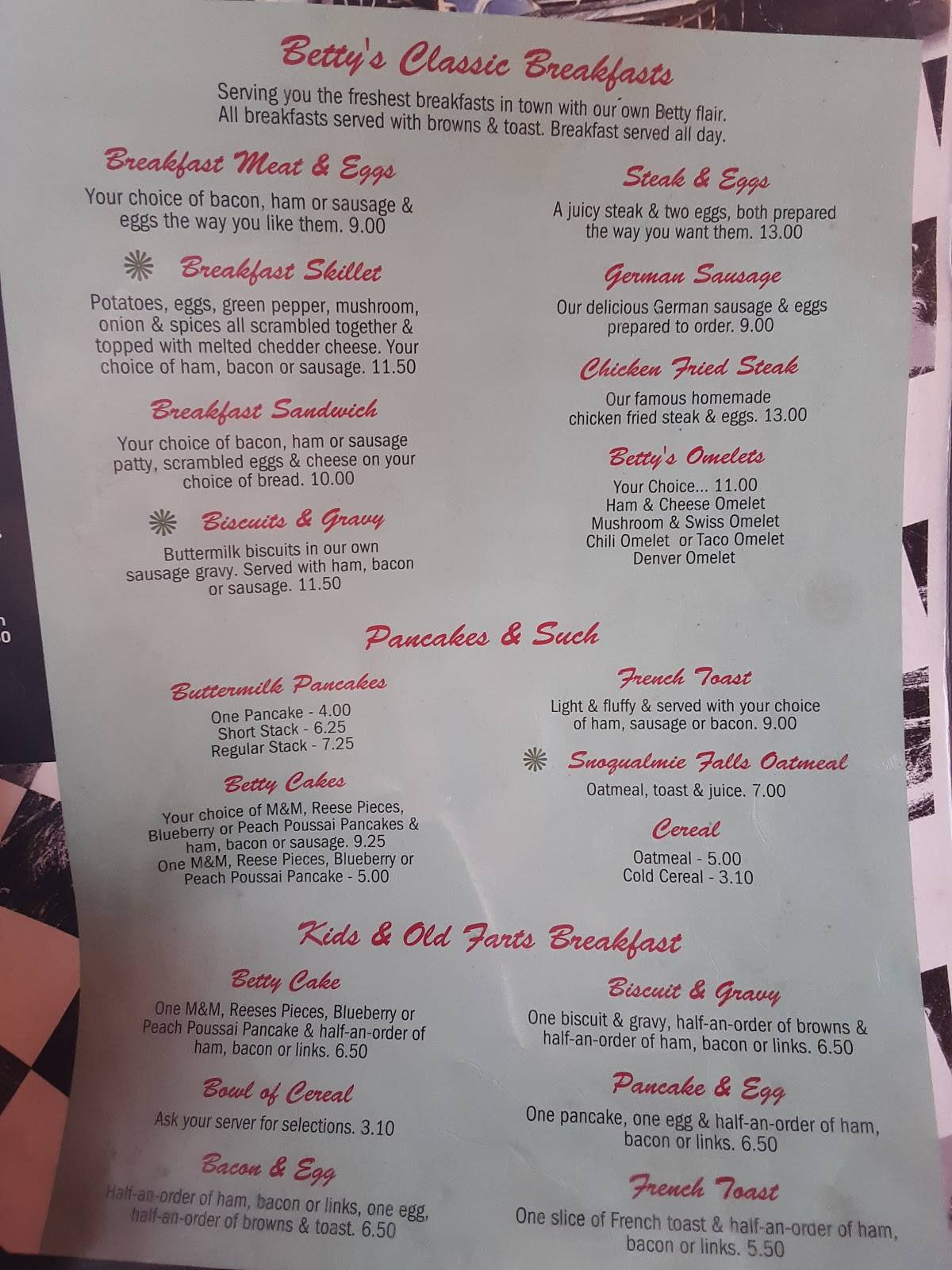 Menu at Betty's Diner cafe, Polson