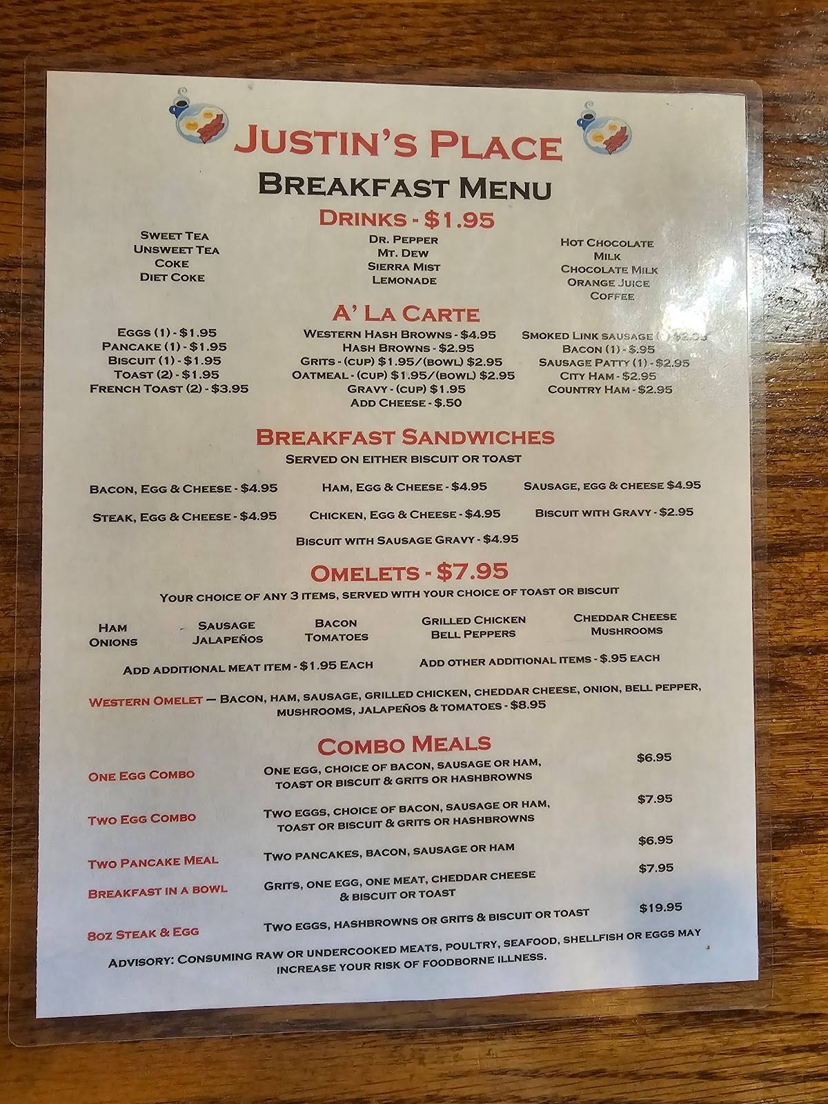 Menu at Justin's Place Restaurant, Butler