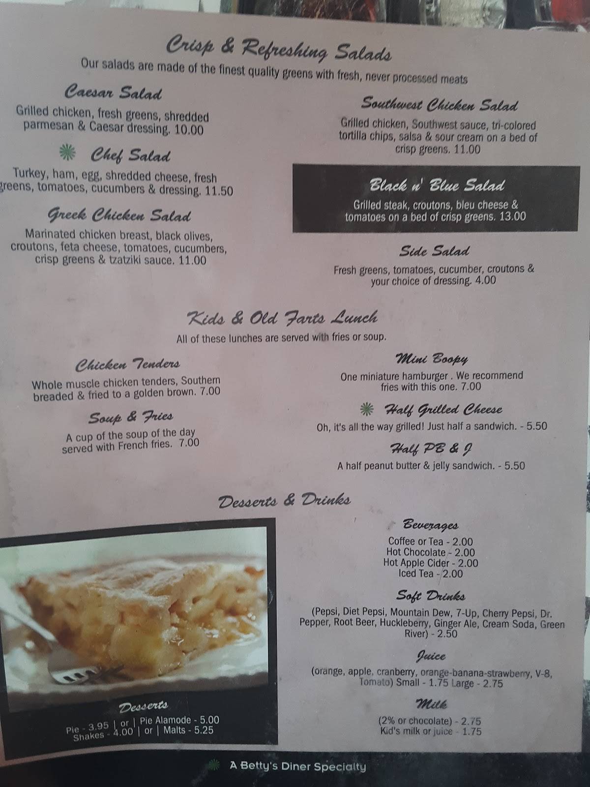 Menu at Betty's Diner cafe, Polson