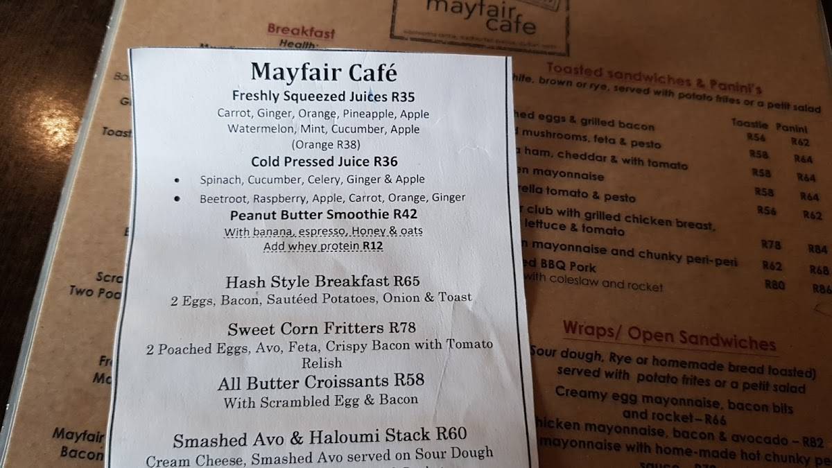 Menu at Mayfair Cafe., Durban