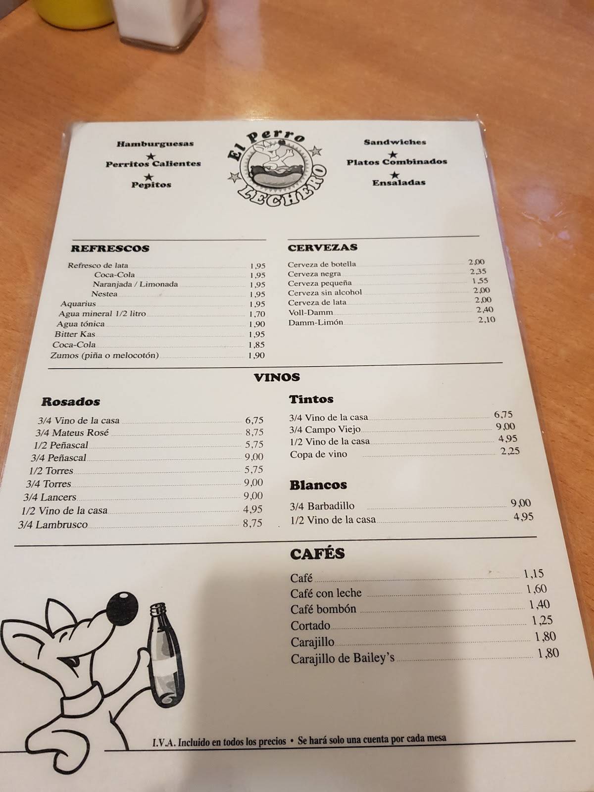 Carta de Cafetería El Perro Lechero, Palma de Mallorca
