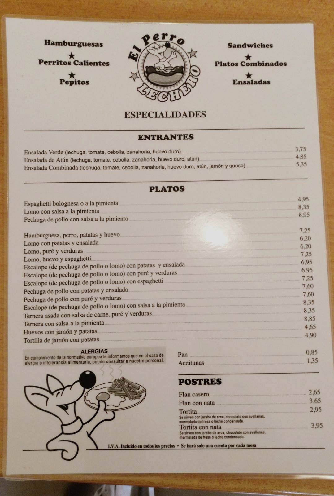 Carta de Cafetería El Perro Lechero, Palma de Mallorca