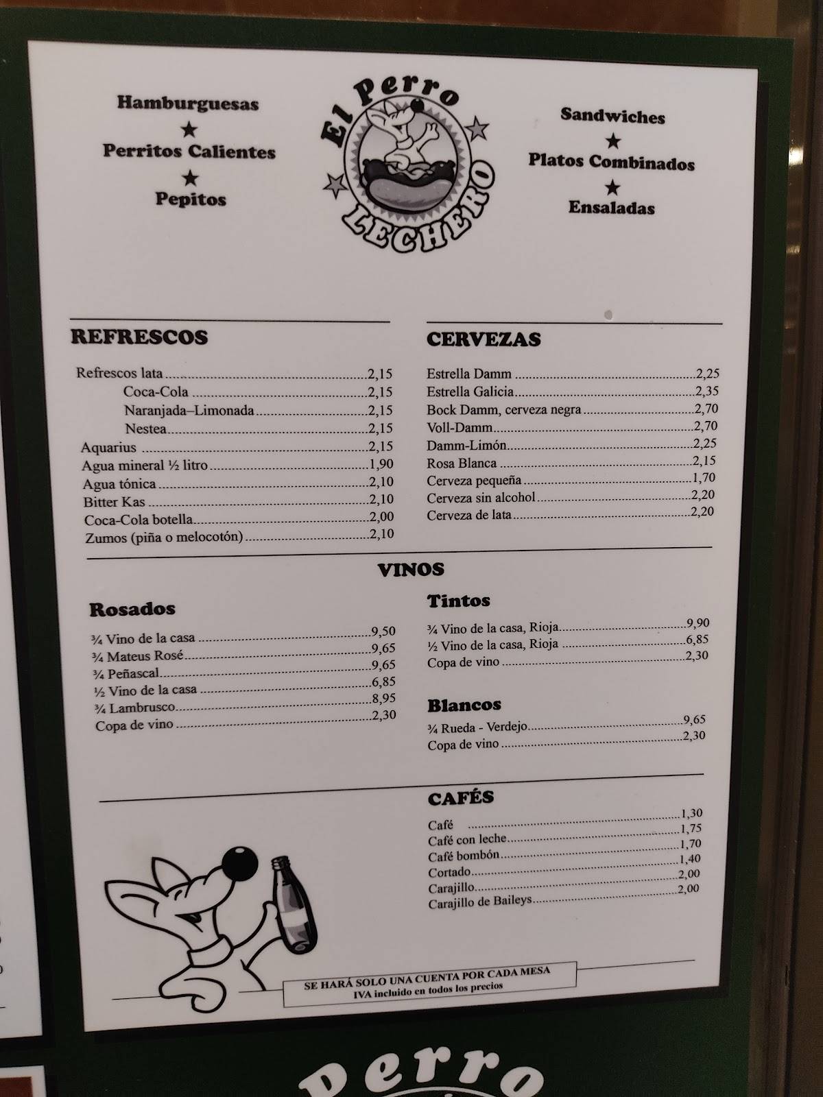 Carta de Cafetería El Perro Lechero, Palma de Mallorca