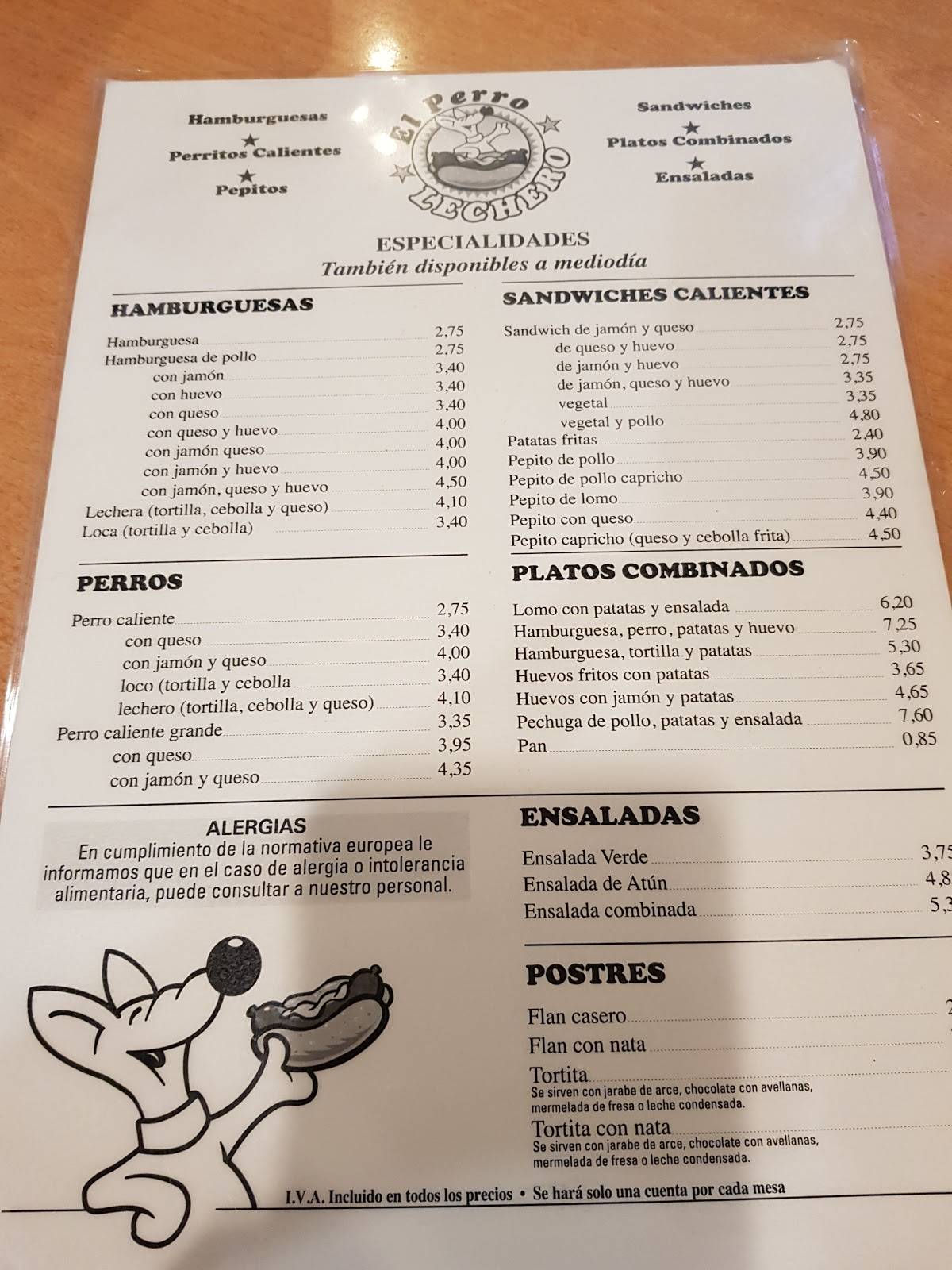 Carta de Cafetería El Perro Lechero, Palma de Mallorca