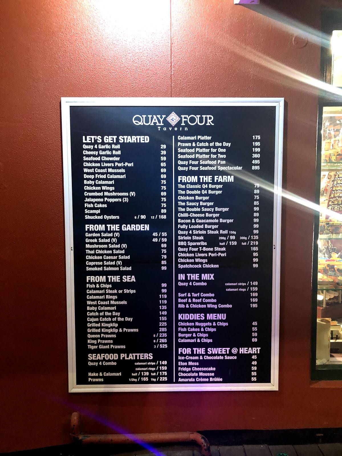 Menu at Quay Four Restaurant, Cape Town, Quay