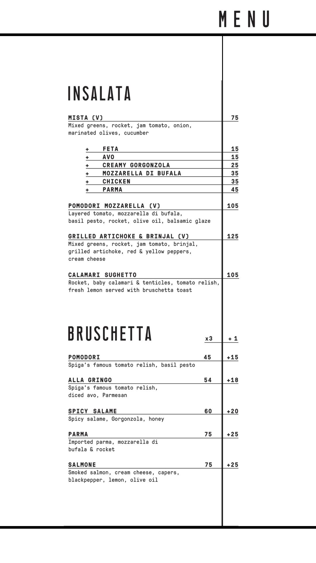 Menu at Spiga restaurant, Durban, 465 Innes Rd