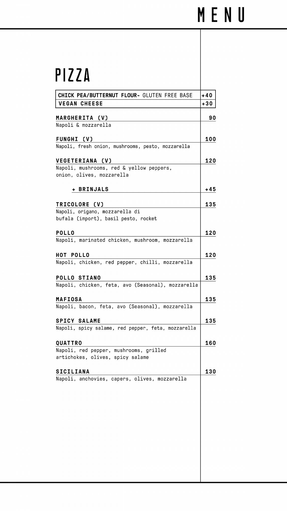 Menu at Spiga restaurant, Durban, 465 Innes Rd