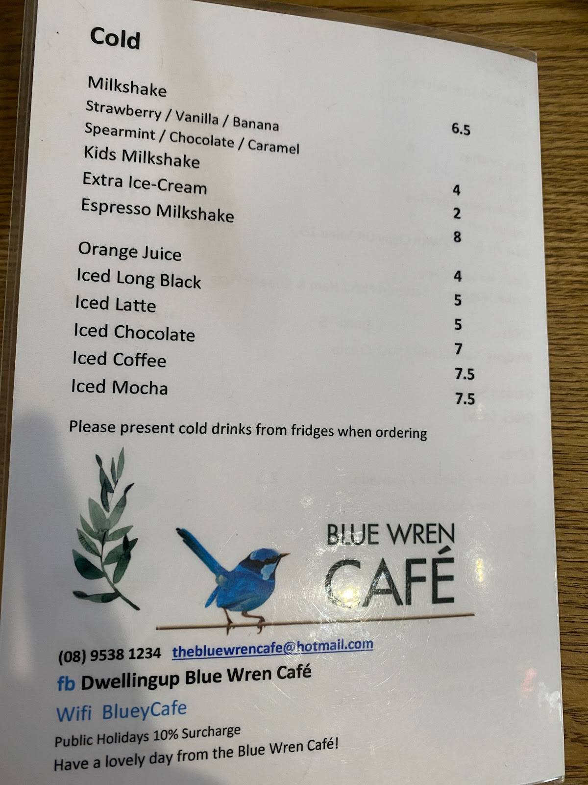 Menu at Blue Wren Cafe Dwellingup, Dwellingup