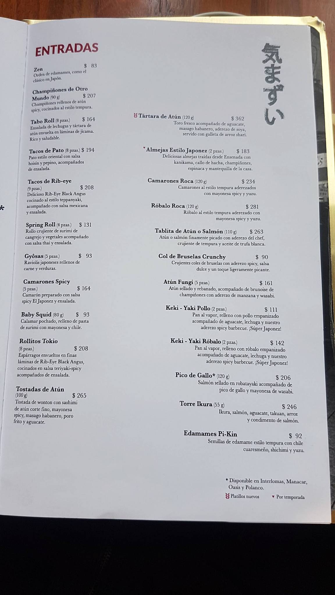 Carta del restaurante El Japonez, Ciudad del México, Avenida Emilio ...