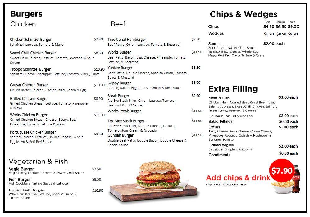 Menu at Star Burger fast food, Mount Kuring-gai