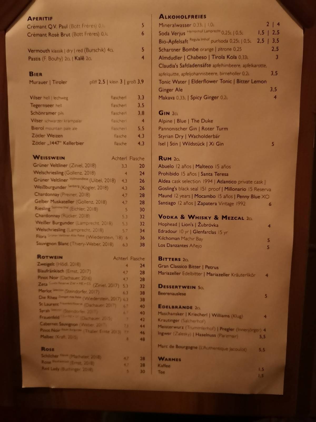 Menu at die Wilderin pub & bar, Innsbruck