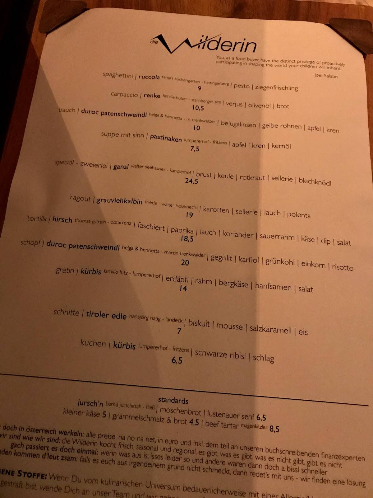 Menu at die Wilderin pub & bar, Innsbruck