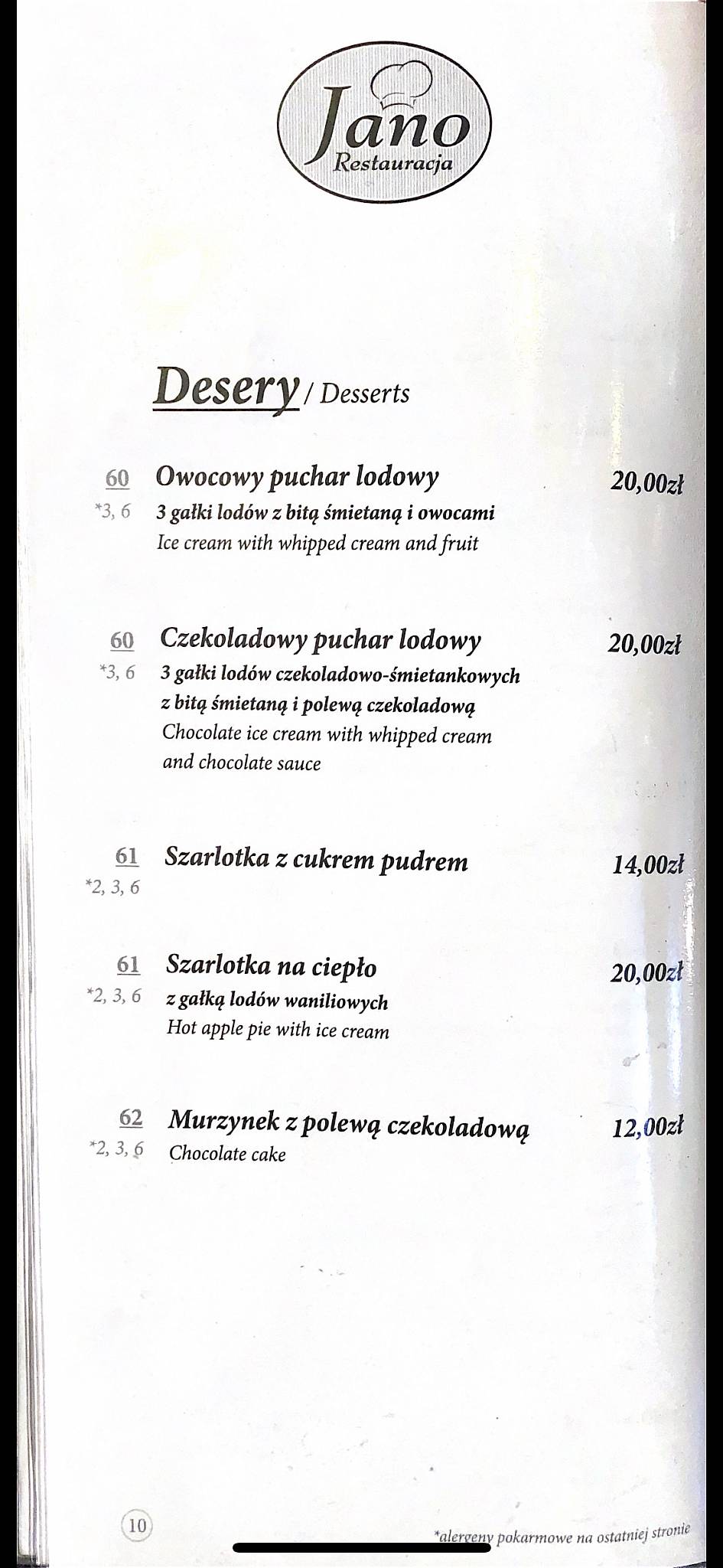 Menu at Jano restaurant, Kościelisko