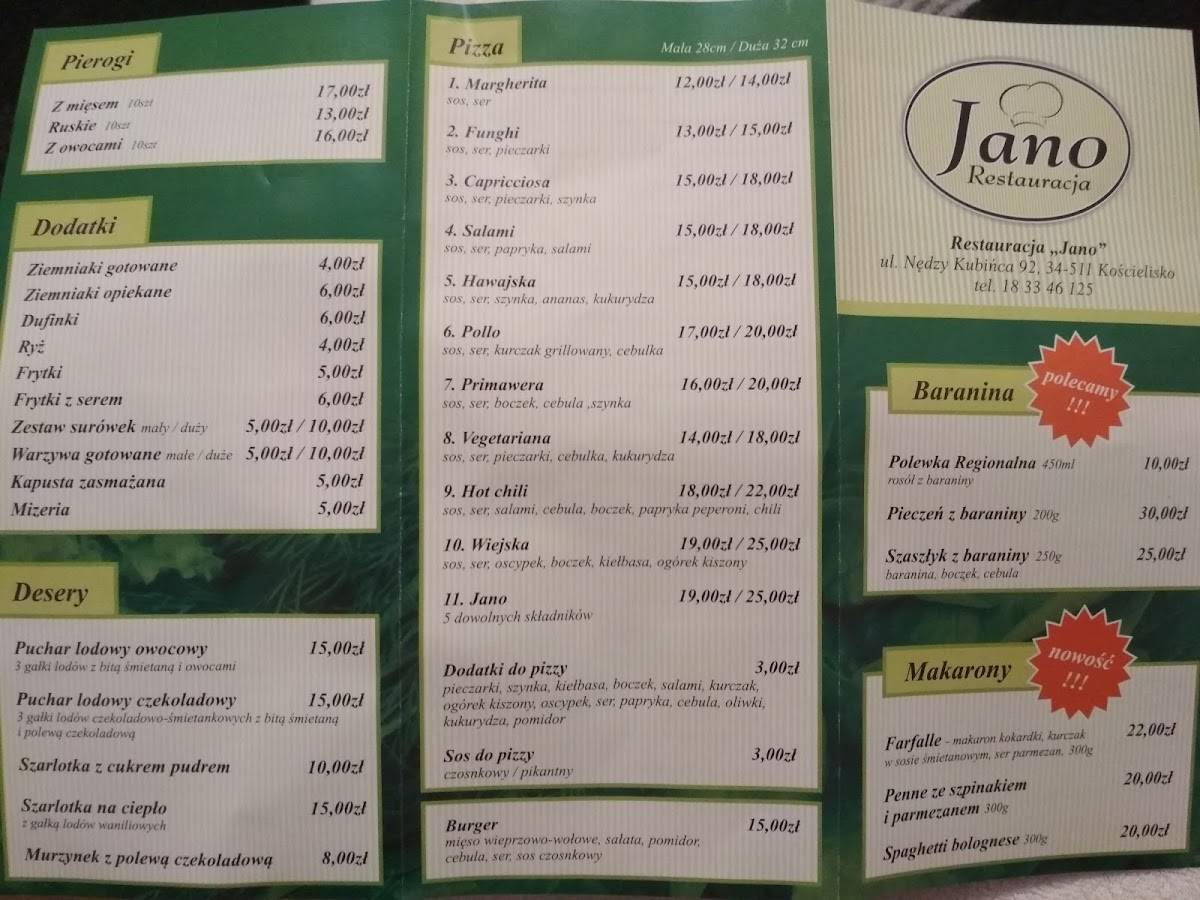 Menu at Jano restaurant, Kościelisko