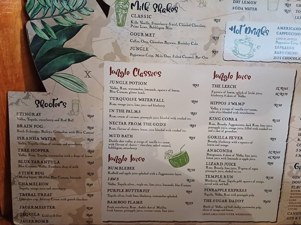 Menu at Jungle restaurant, Johannesburg