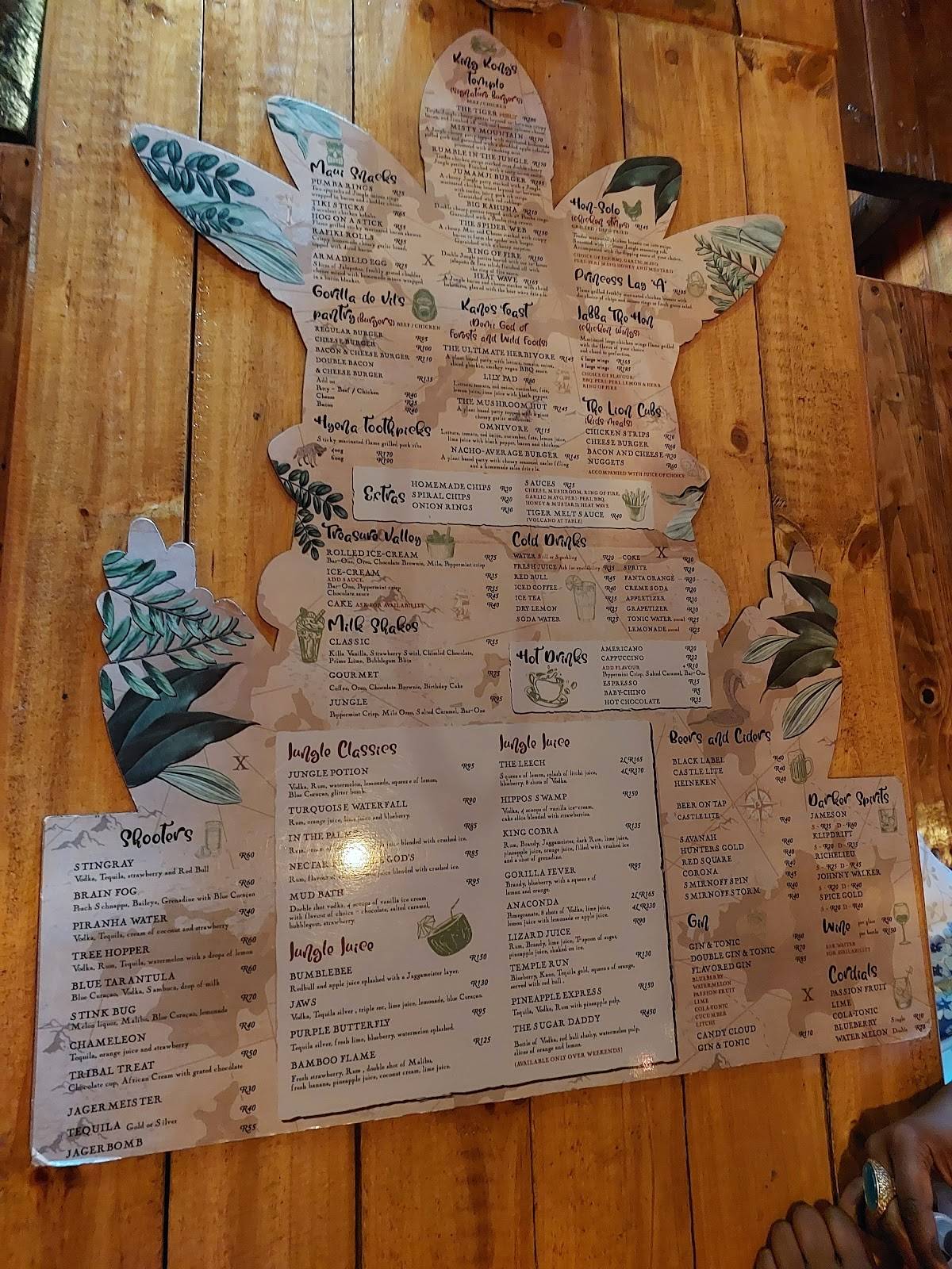 Menu at Jungle restaurant, Johannesburg