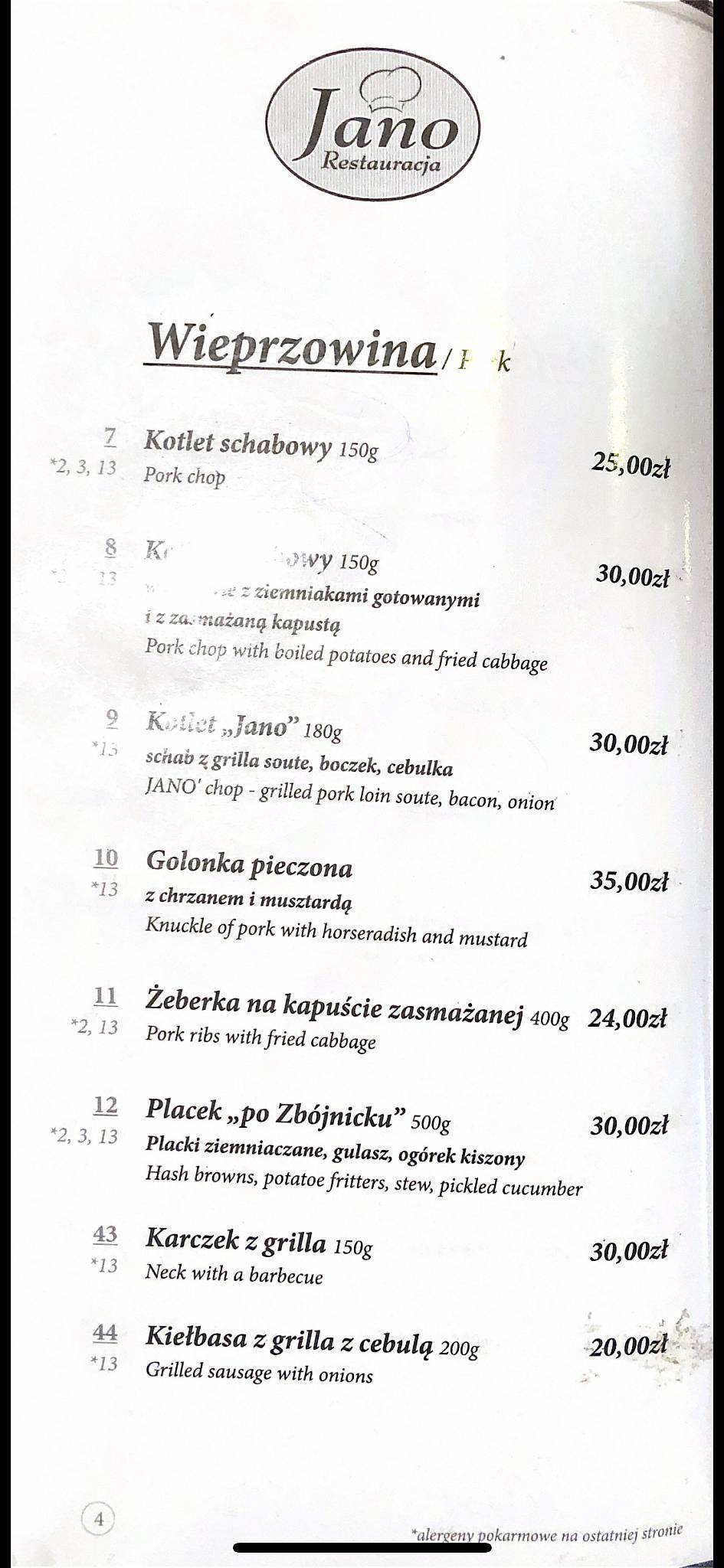 Menu at Jano restaurant, Kościelisko