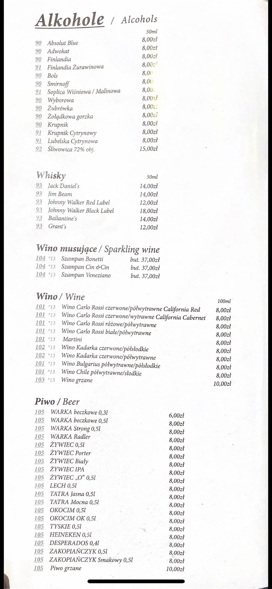 Menu at Jano restaurant, Kościelisko