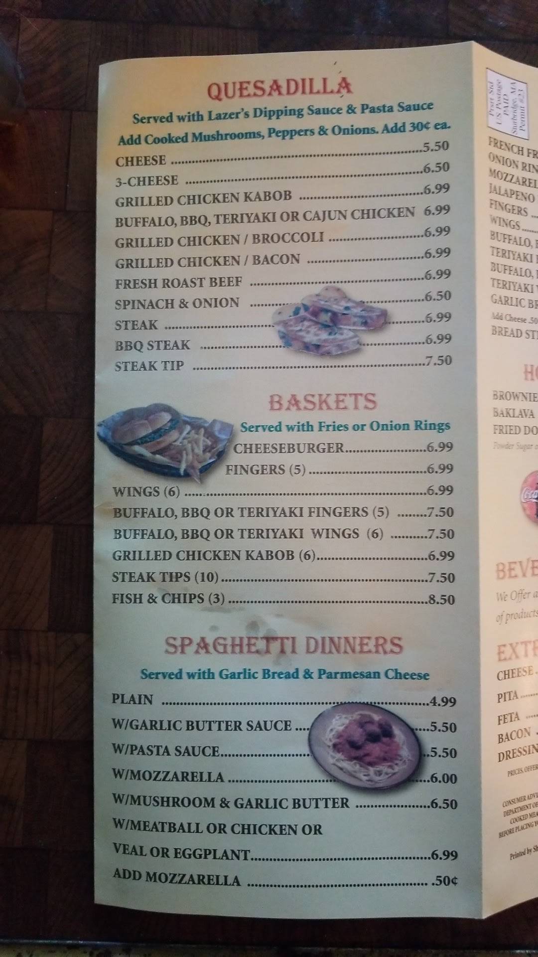 Menu at Lazer's Pizza & Roast Beef pizzeria, Ware