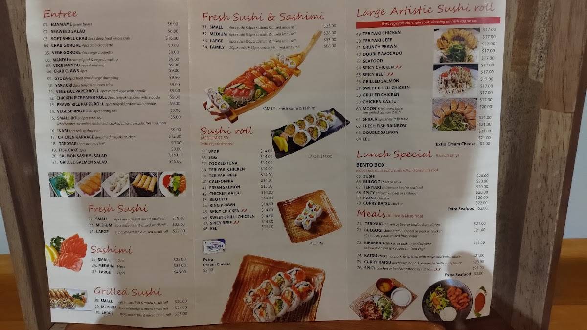Menu at Moon Sushi restaurant, Woonona