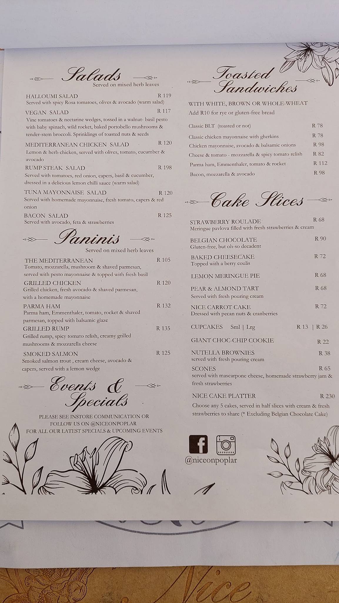 Menu at Nice on Poplar restaurant, Johannesburg