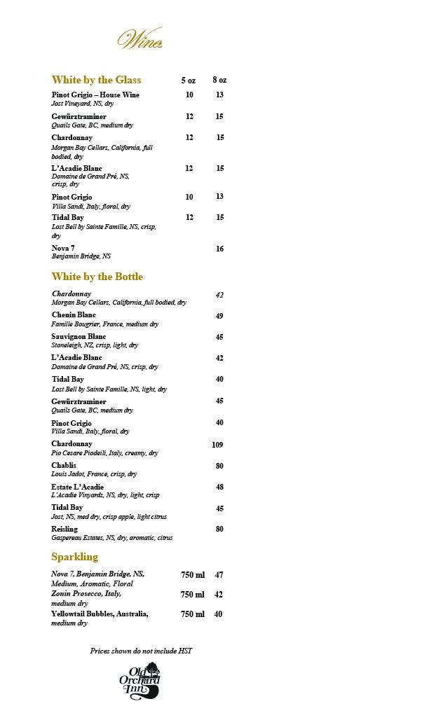 Menu at Old Orchard Inn restaurant, Wolfville