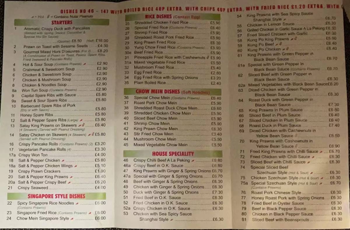 Menu at Peking City fast food, Bingley