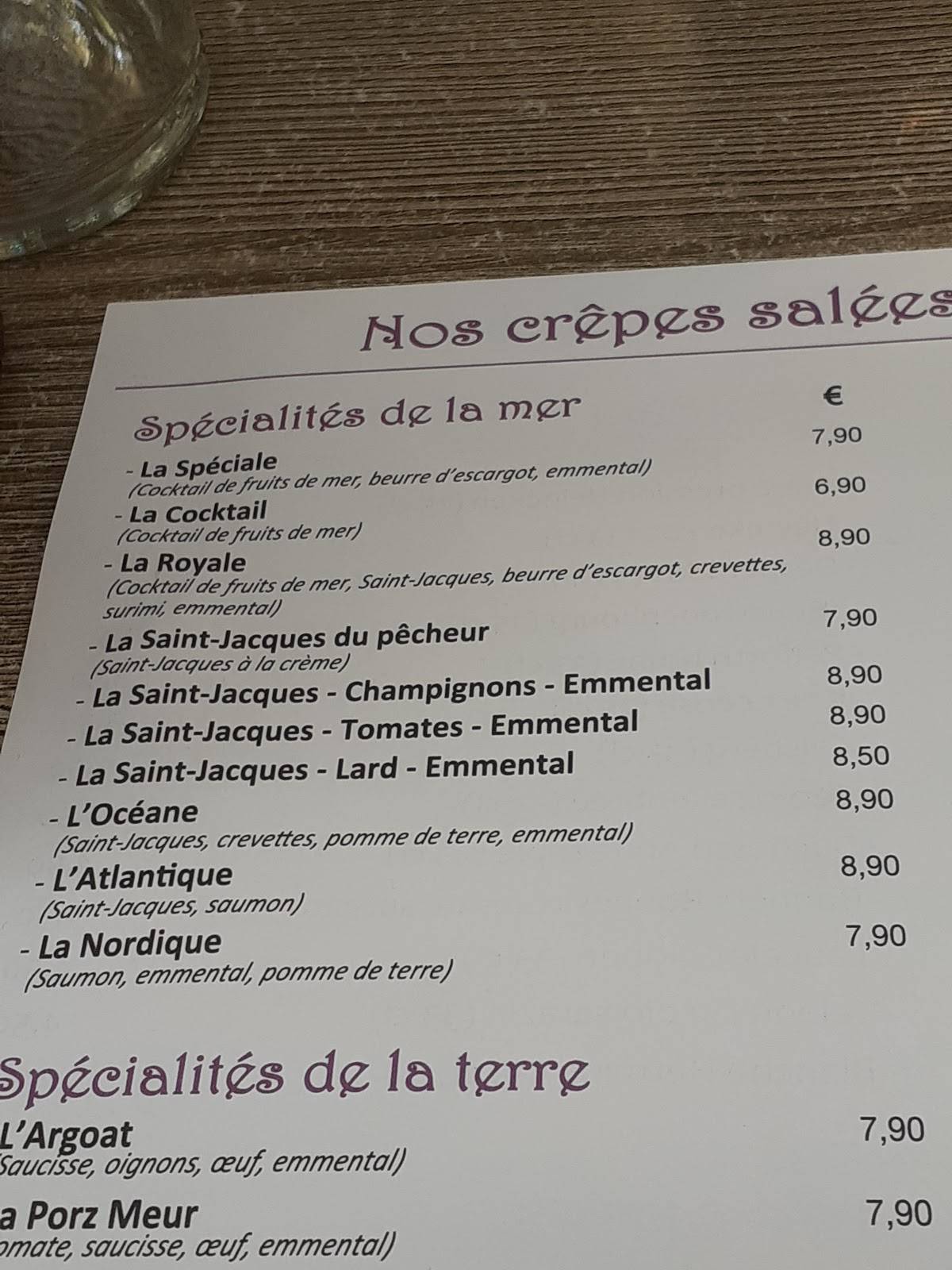 Menu au Crêperie An Ty Coz Pointe de l'Armorique restaurant, Plougastel ...