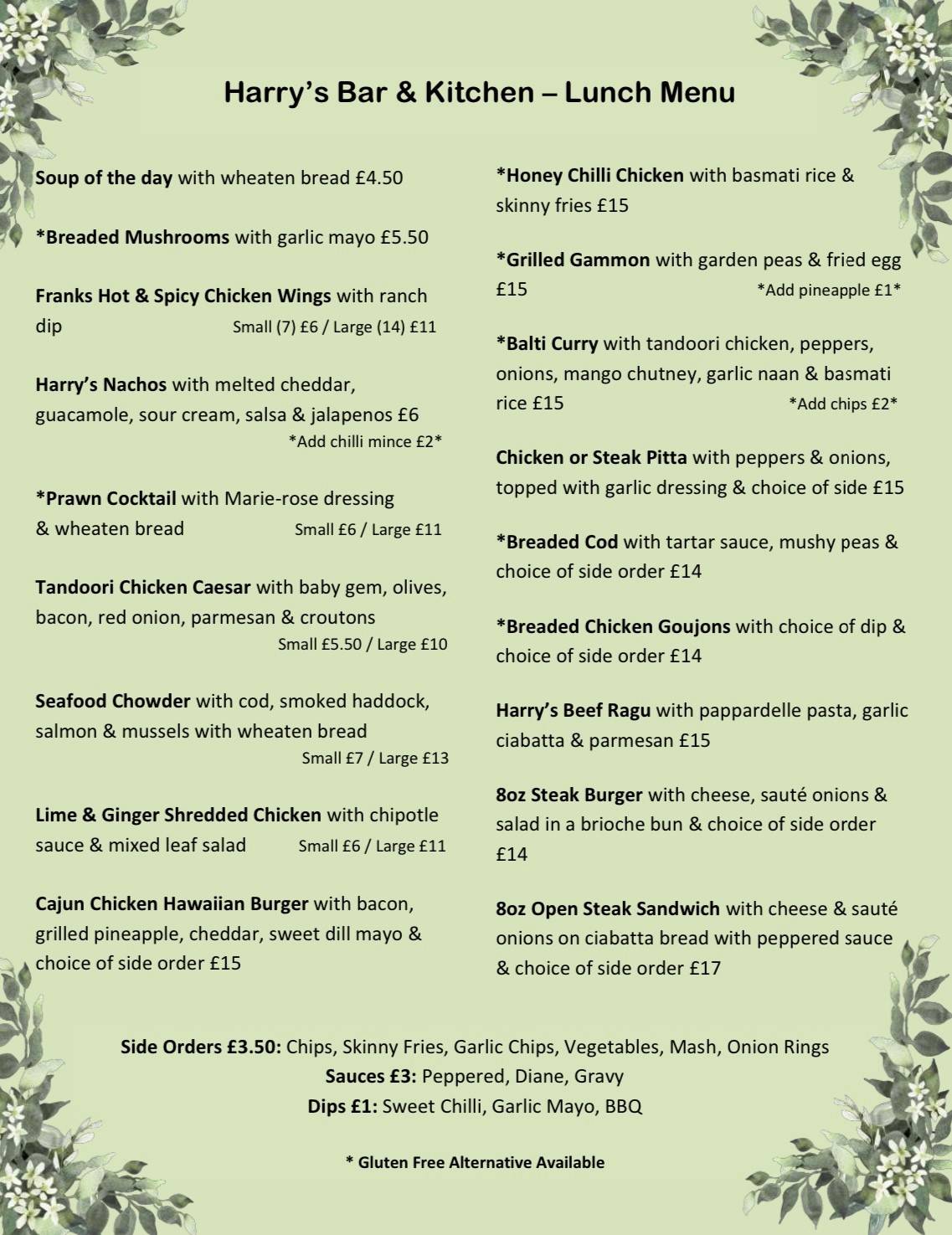 Menu at Harry’s Bar & Kitchen, Banbridge