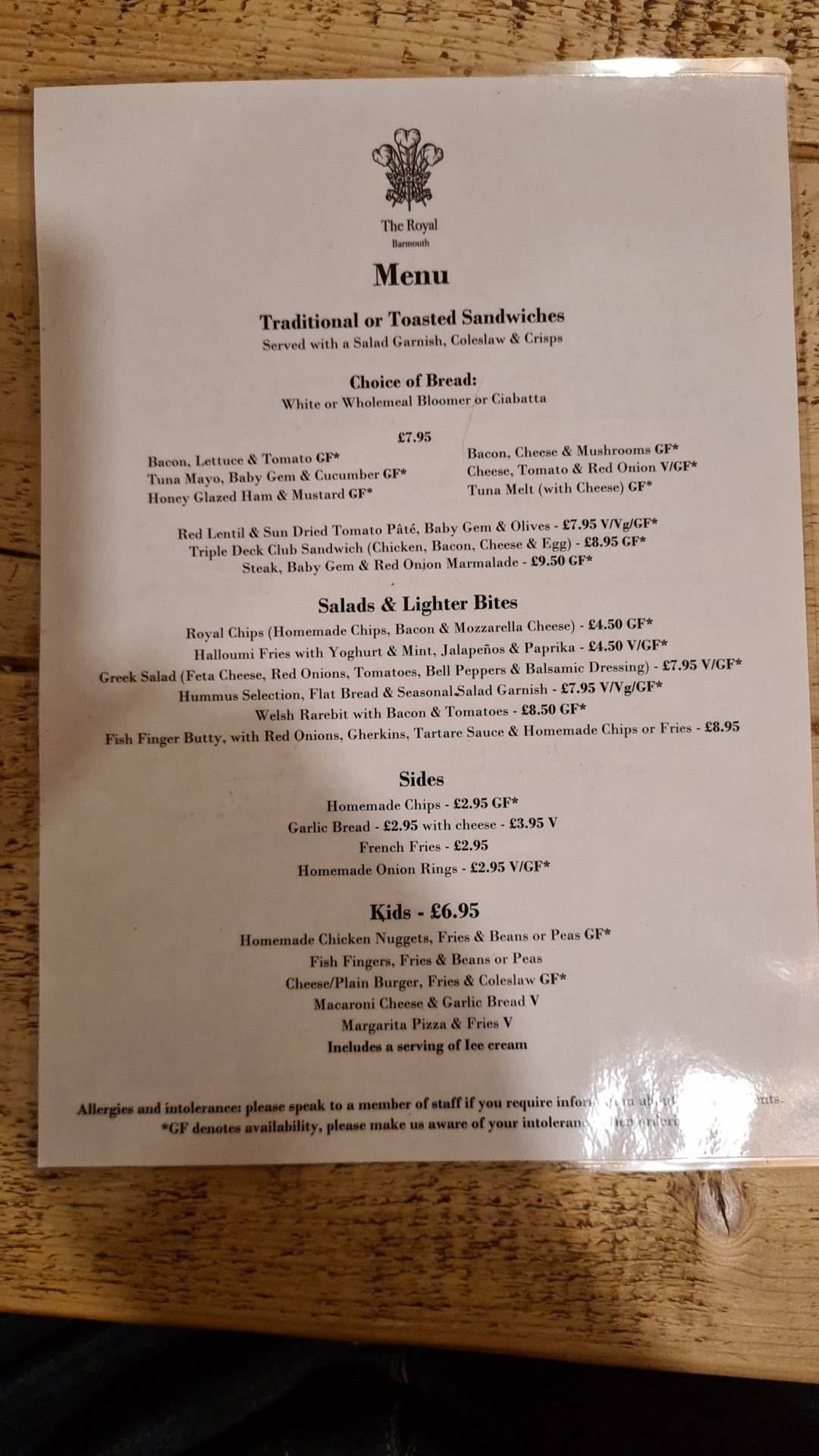 Menu at The Royal pub & bar, Barmouth