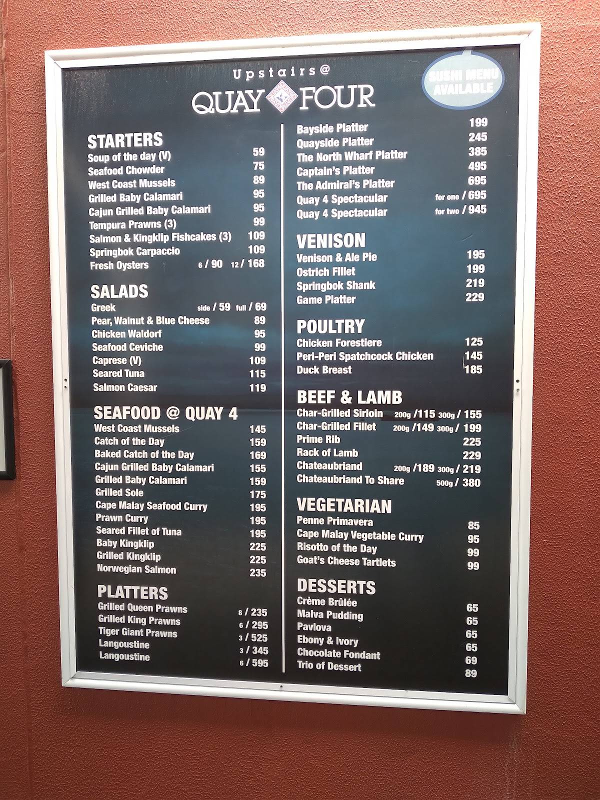 Menu at Quay Four Restaurant, Cape Town, Quay