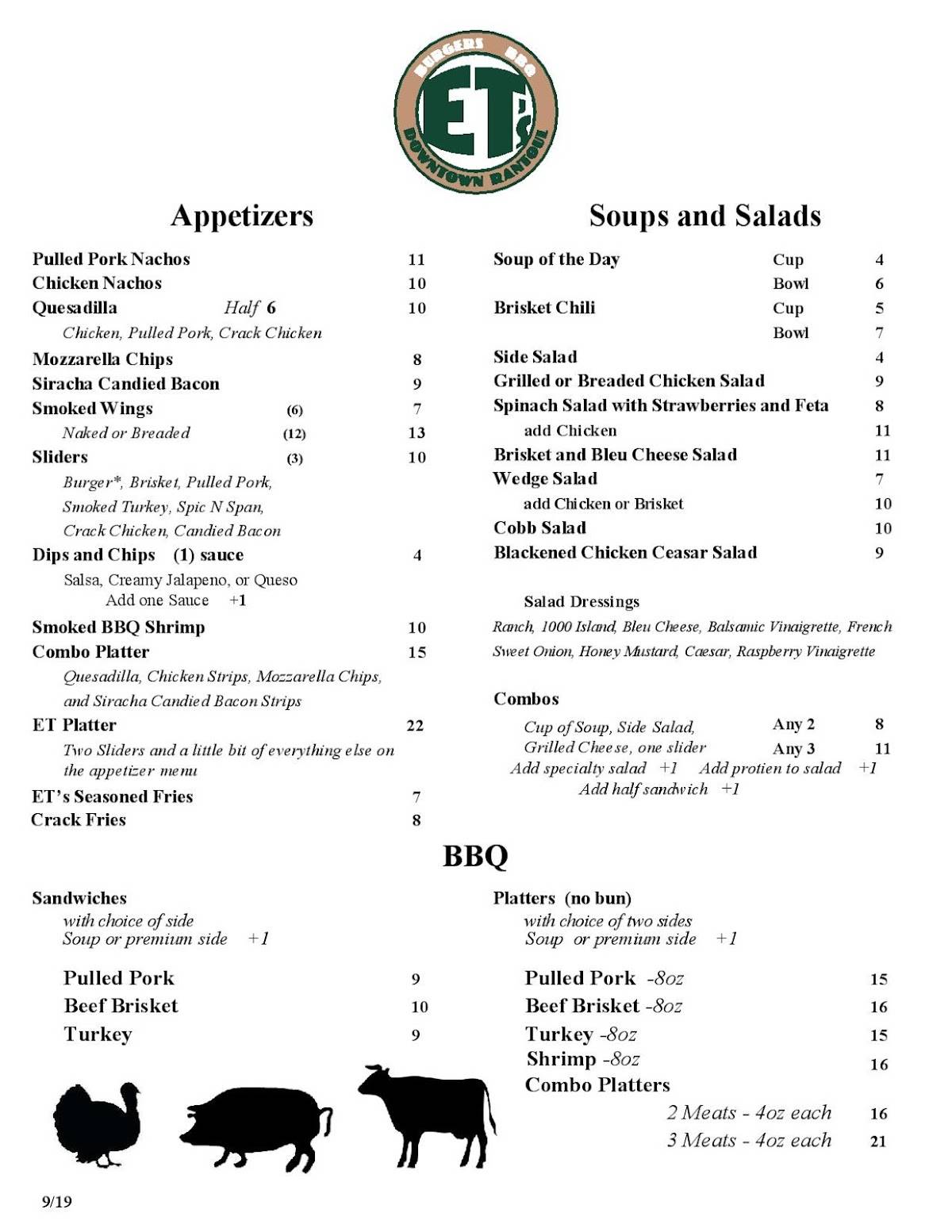 Menu at ET's Downtown Rantoul pub & bar, Rantoul