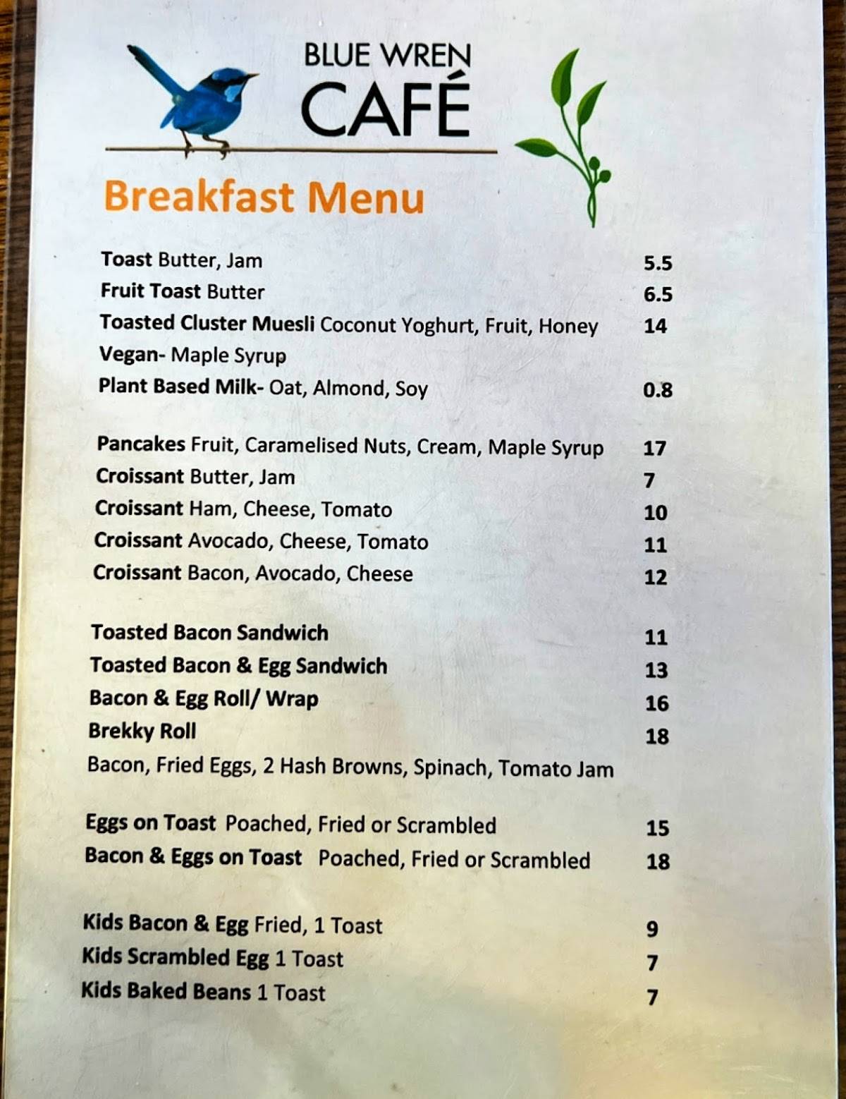 Menu at Blue Wren Cafe Dwellingup, Dwellingup