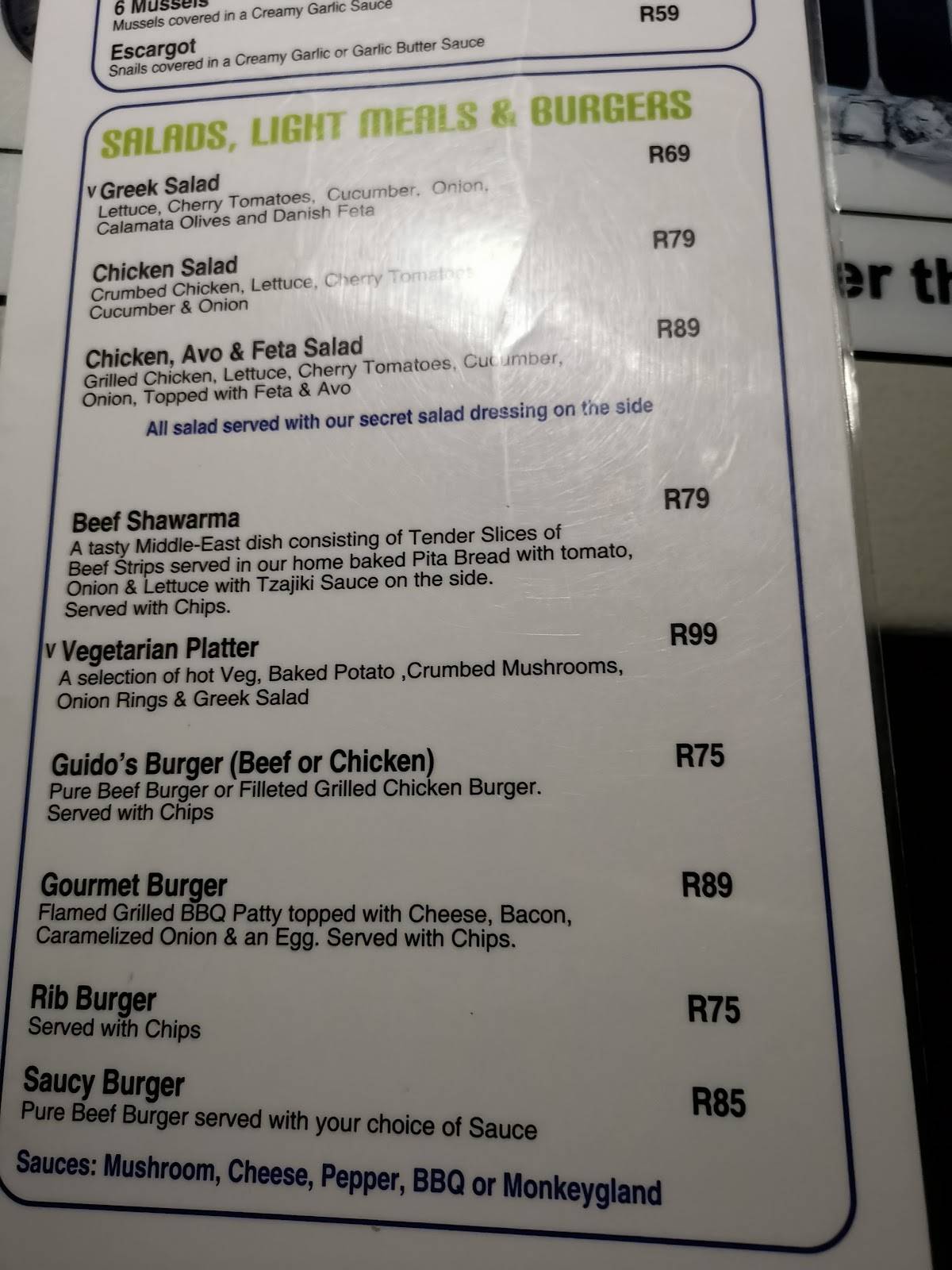 Menu at Guido's Beachfront restaurant, East London