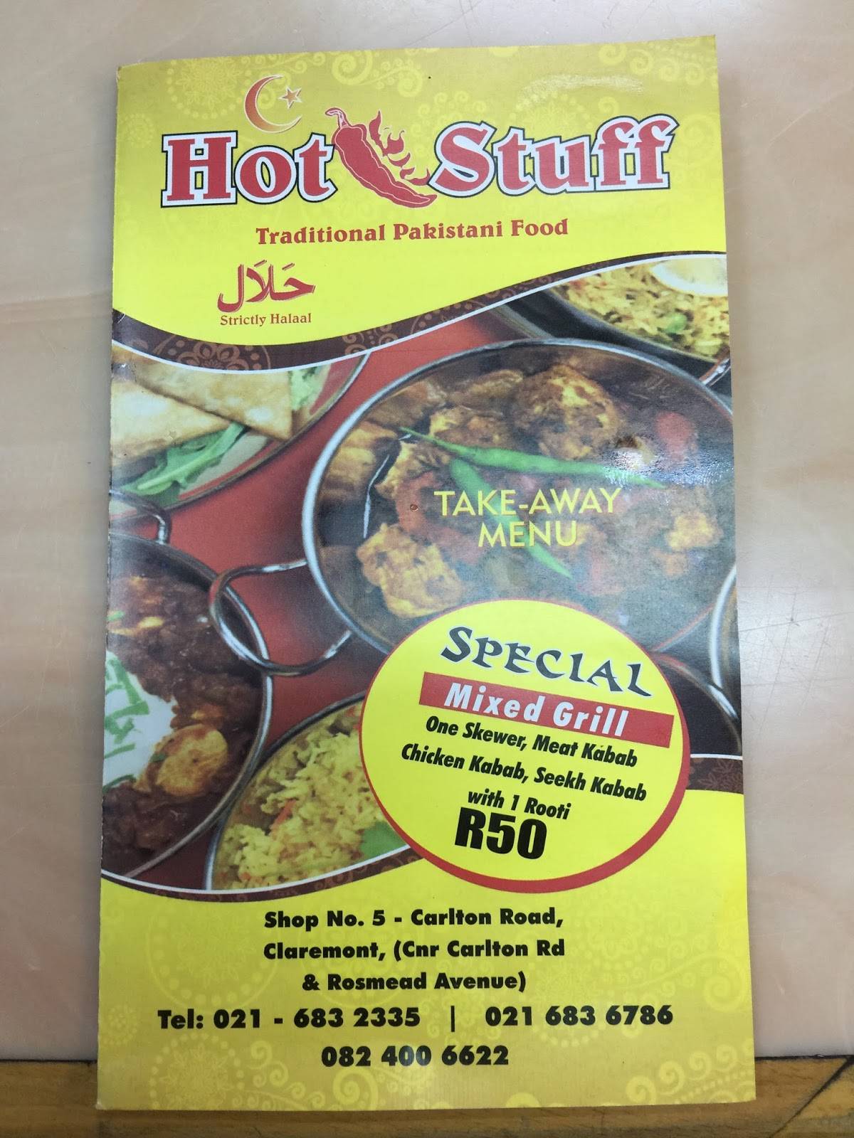 Menu at Hot Stuff restaurant, Cape Town, Carlton Rd