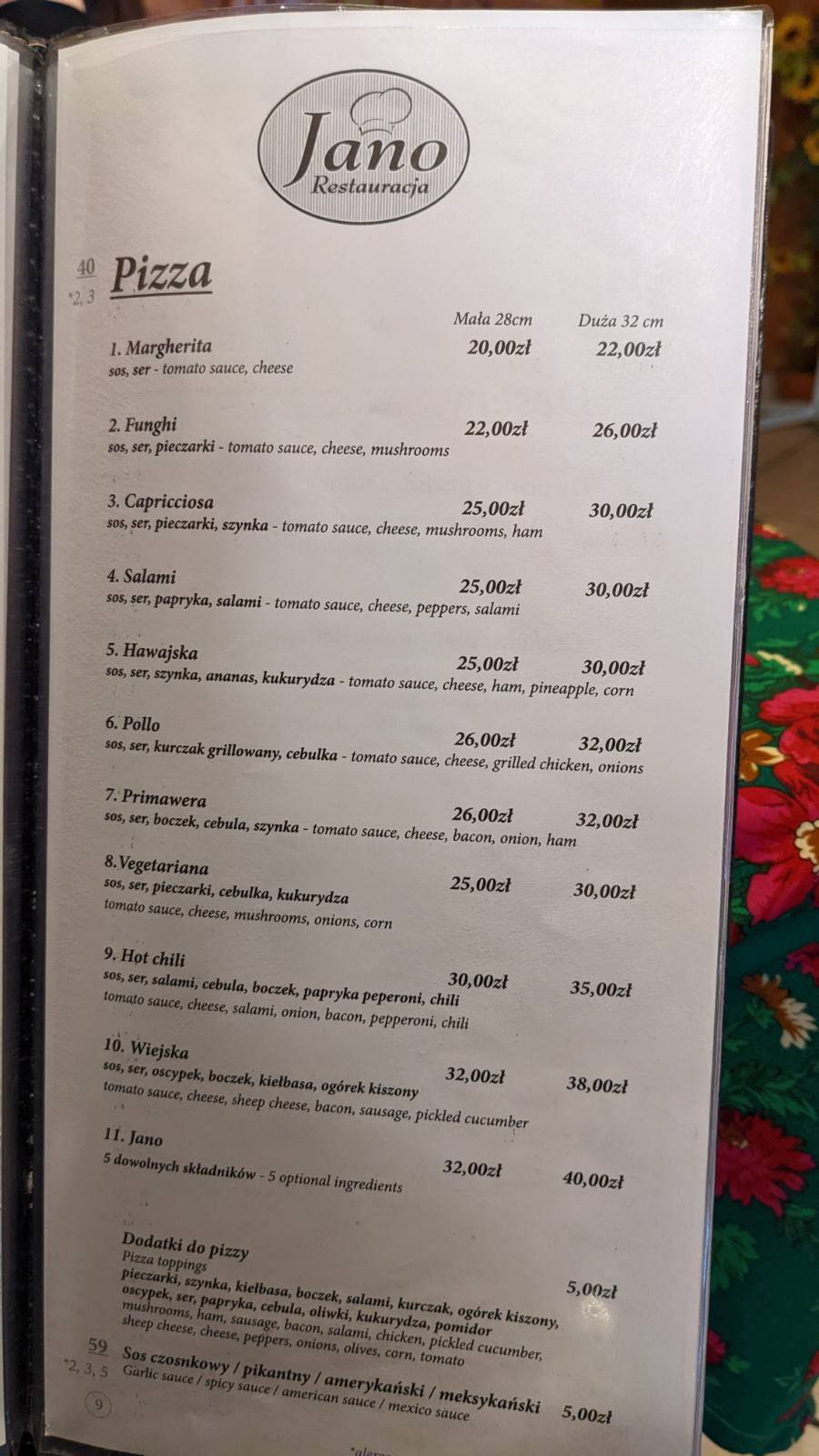 Menu at Jano restaurant, Kościelisko