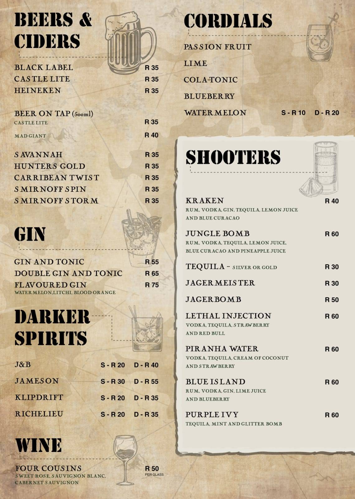 Menu at Jungle restaurant, Johannesburg
