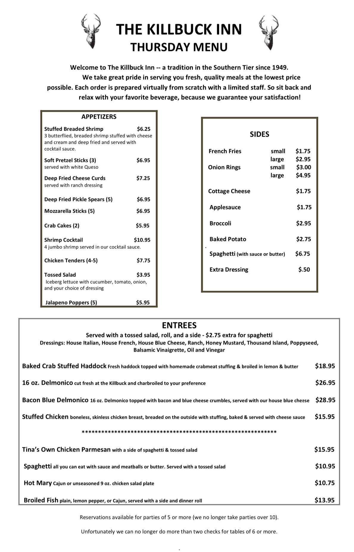 Menu at Killbuck Inn restaurant, Canisteo, NY-36