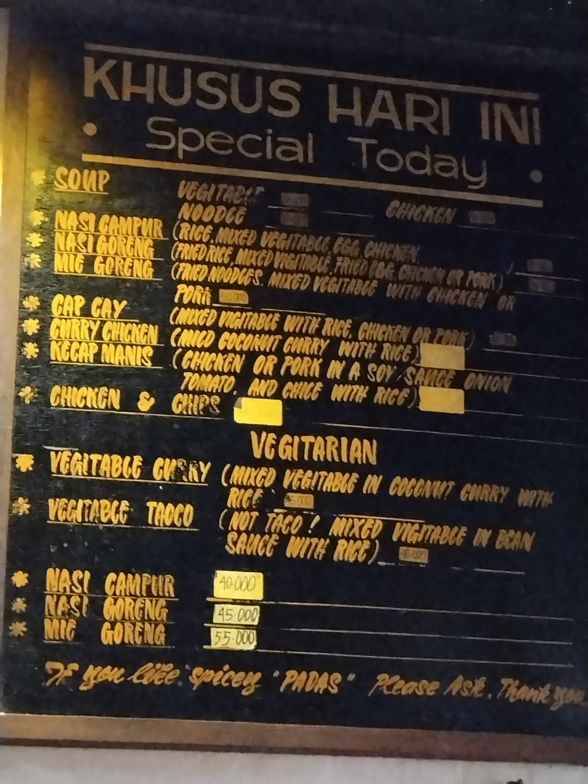 Menu at Naughty Nuri's Ubud restaurant, Ubud