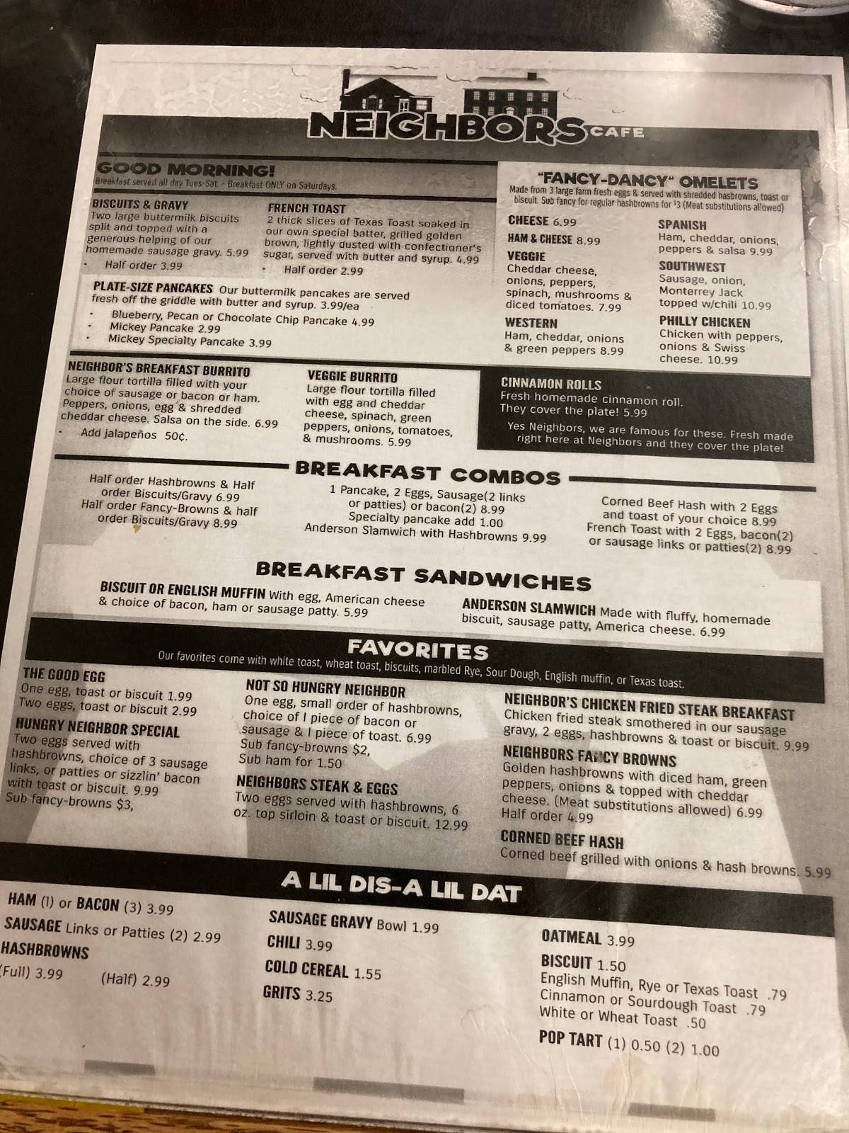 Menu at Neighbors Café restaurant, McPherson