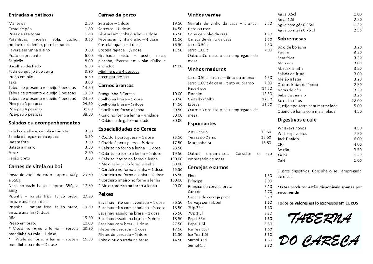Menu em Taberna do Careca restaurante, Cete