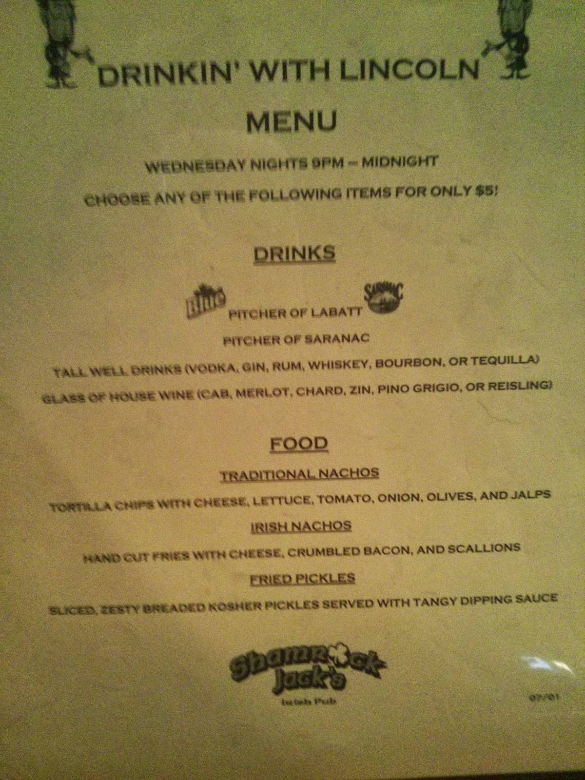 Меню Shamrock Jack's Irish Pub, Рочестер