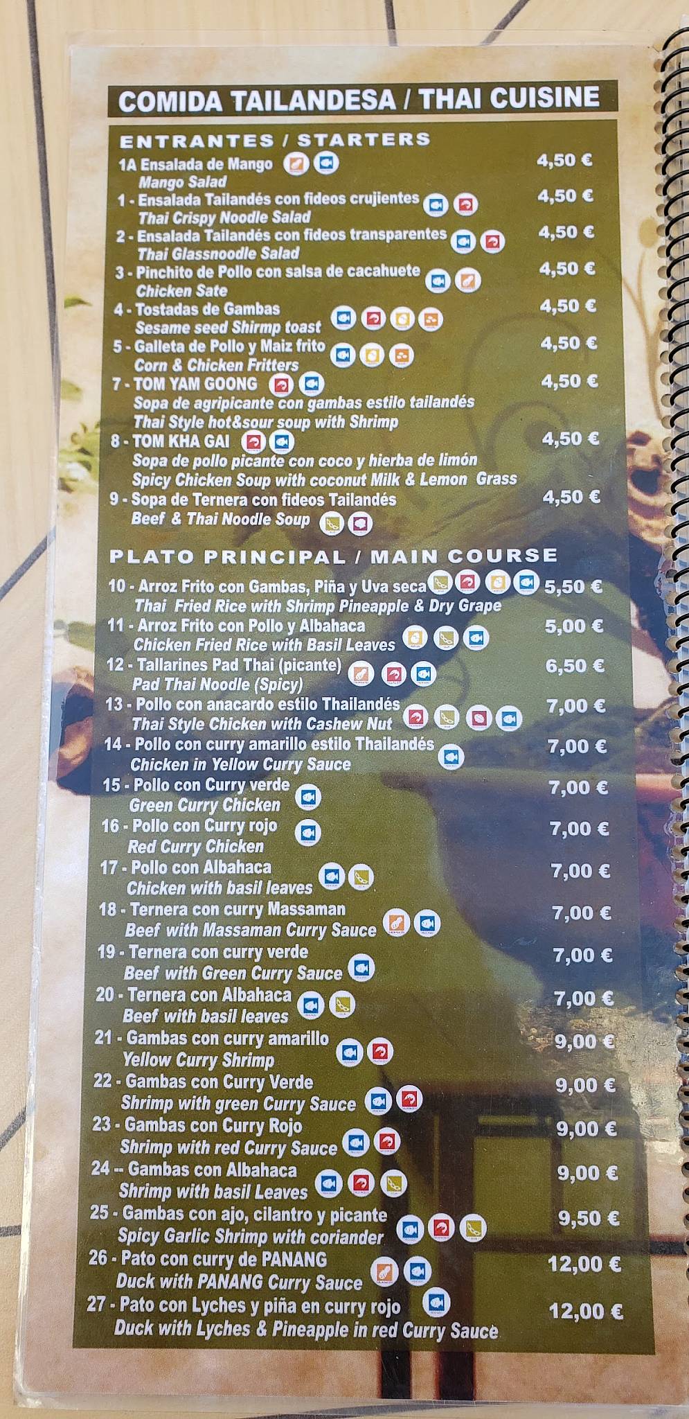 Menu at Zen restaurant, Rota