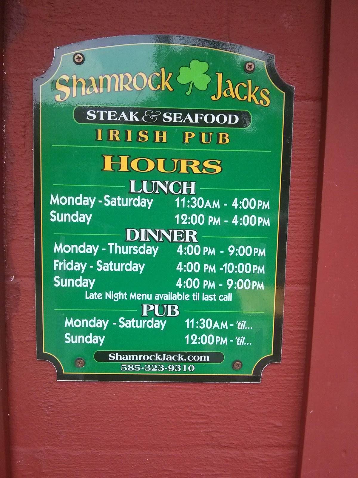Меню Shamrock Jack's Irish Pub, Рочестер