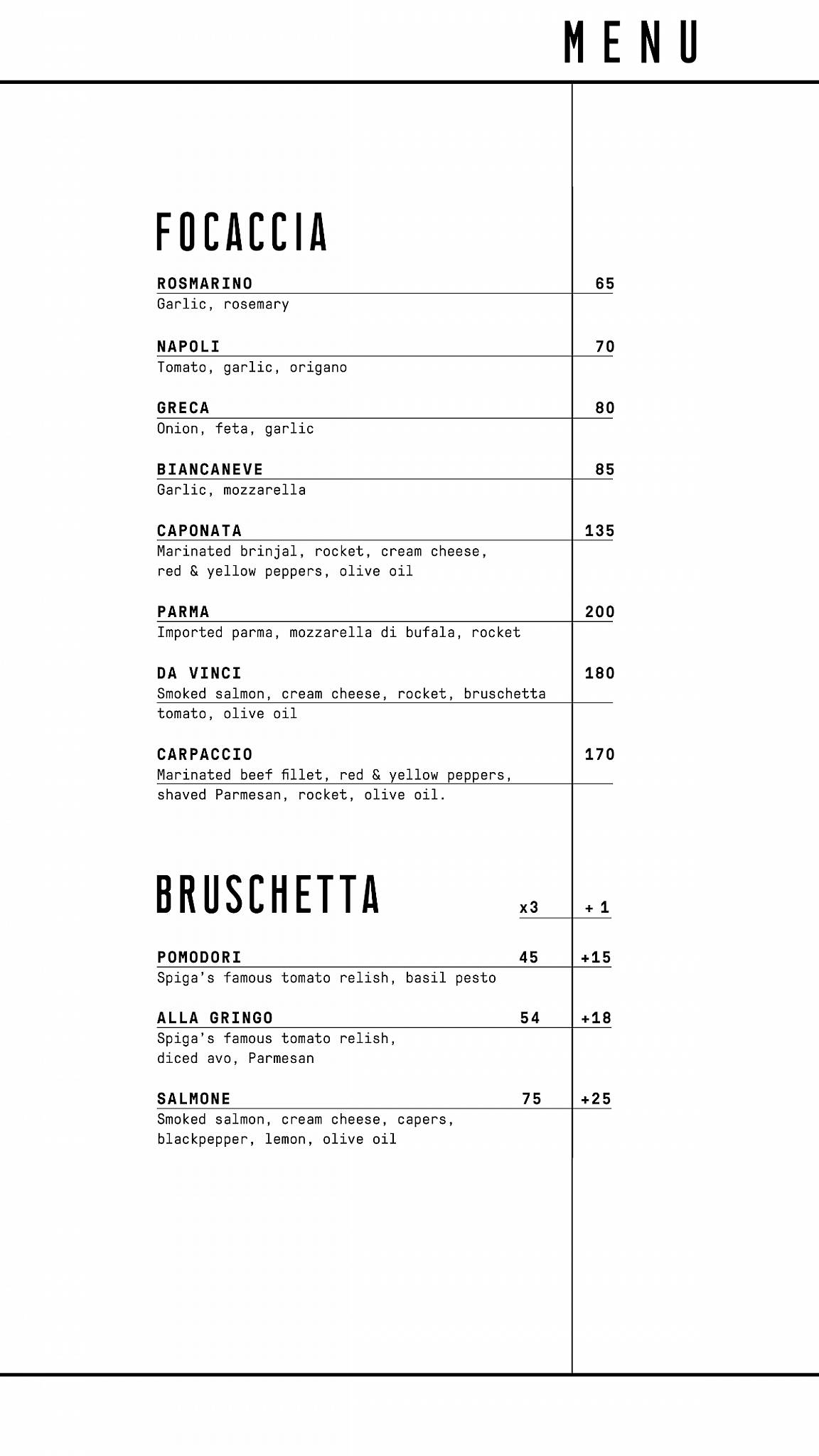 Menu at Spiga restaurant, Durban, 465 Innes Rd