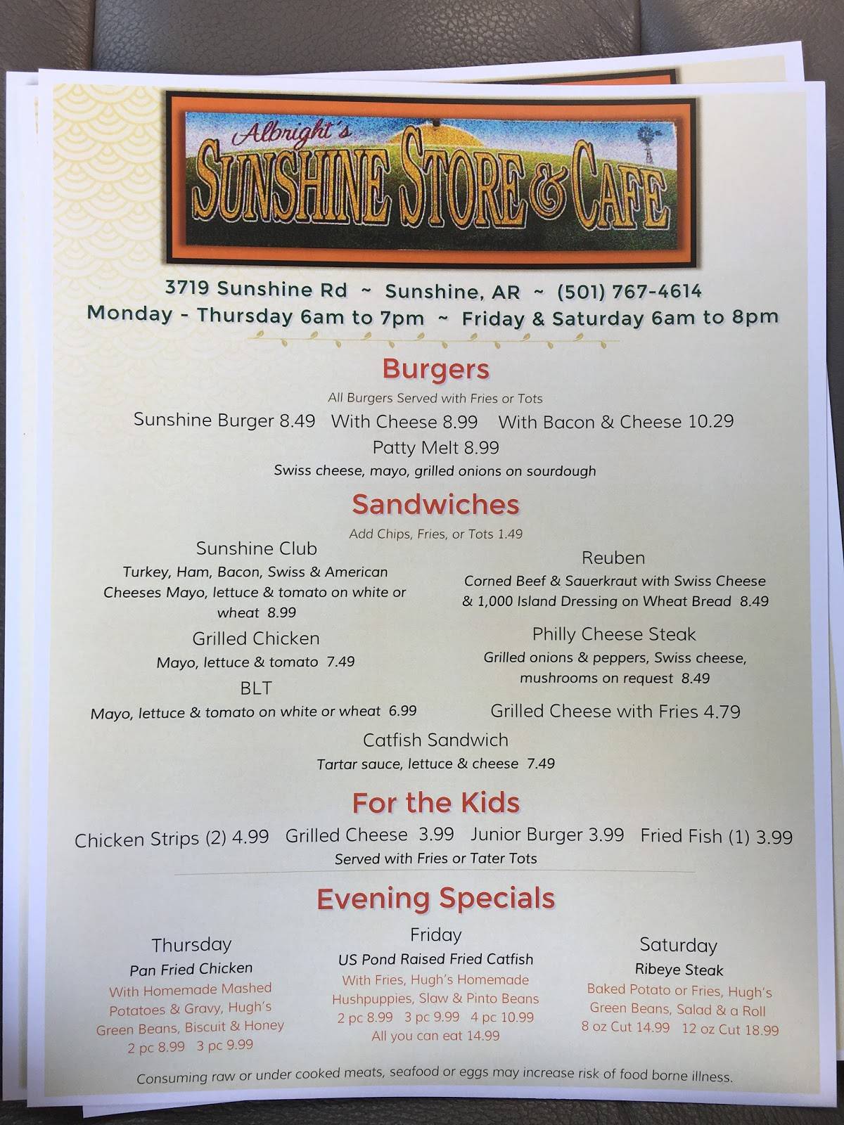 Menu at Sunshine Store & Cafe, USA, Sunshine Rd