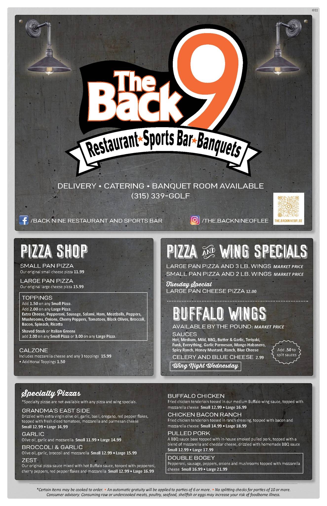 Menu at The Back Nine Restaurant & Sports Bar, Rome