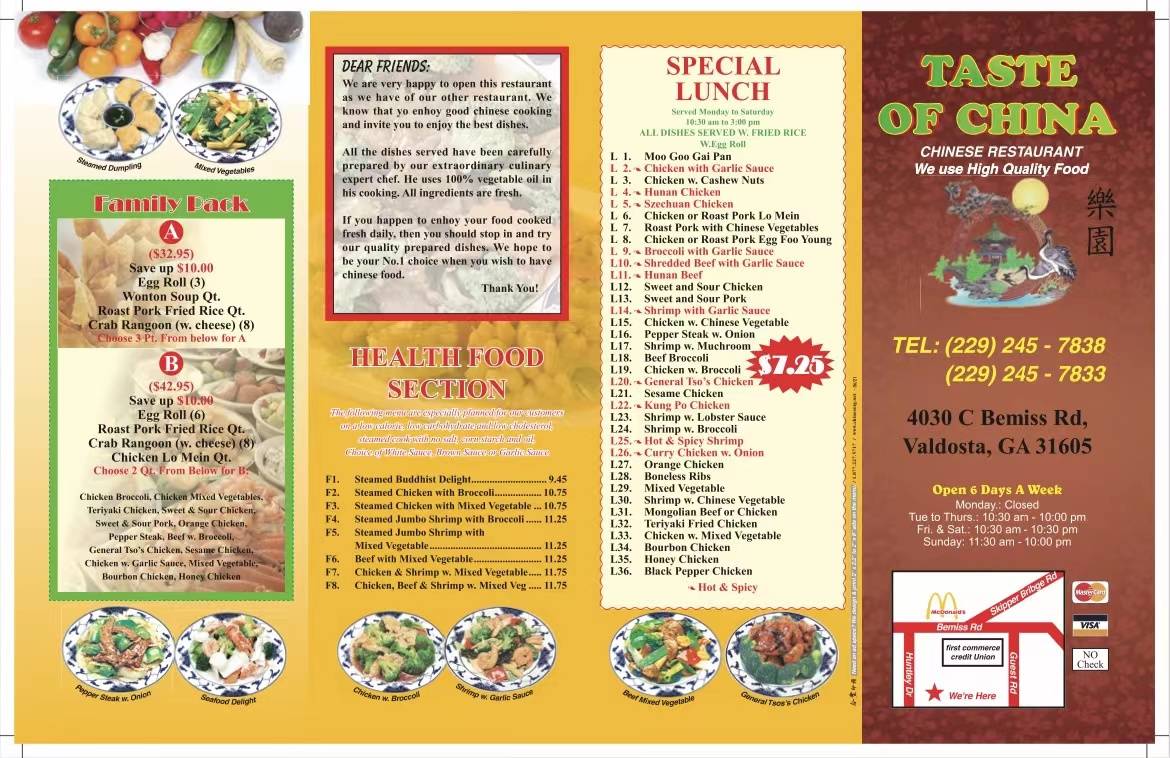 Menu at Taste of China restaurant, Valdosta